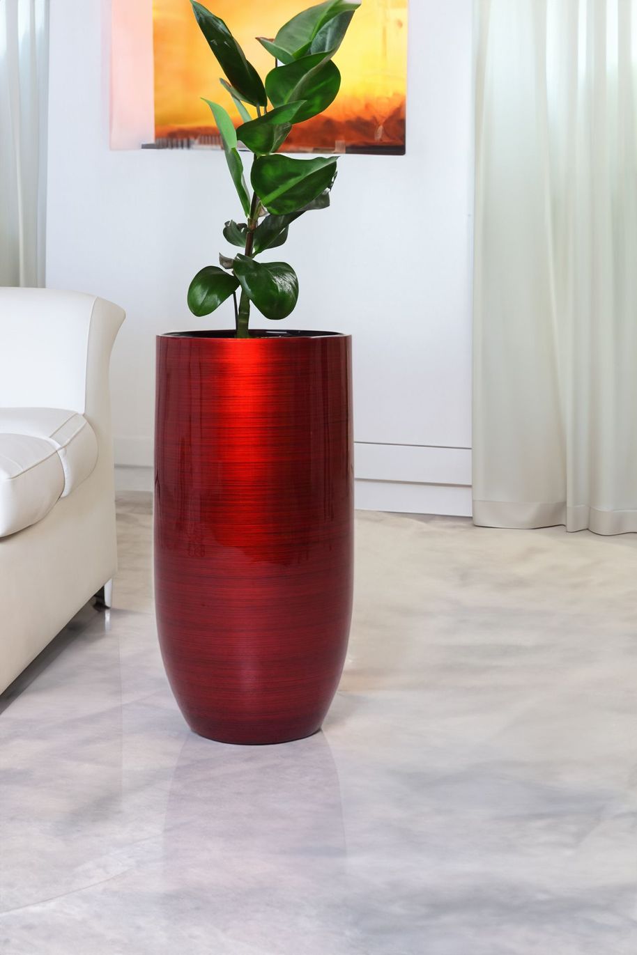 Pflanzkübel Fiberglas Asconia Rund hochglanz mit Muster Rot | VIVANNO